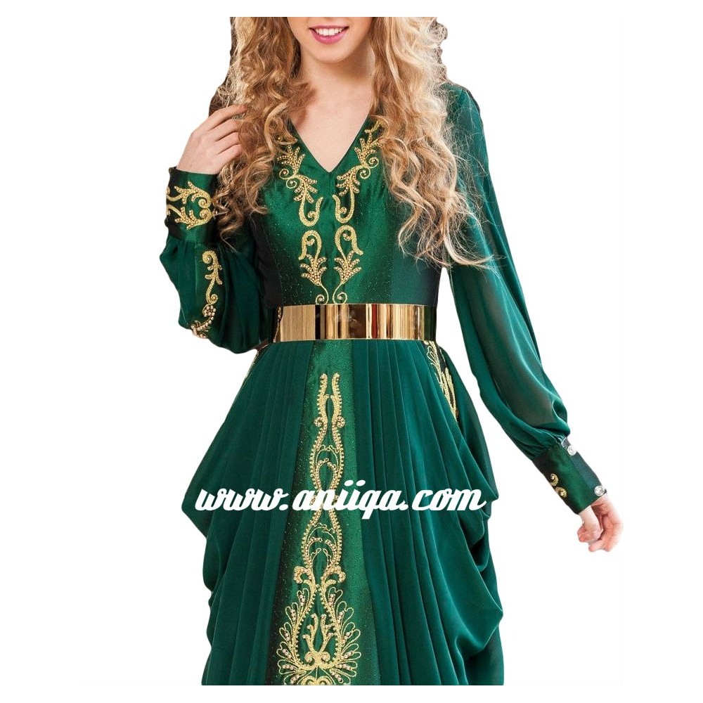 caftan marocain moderne vert et or