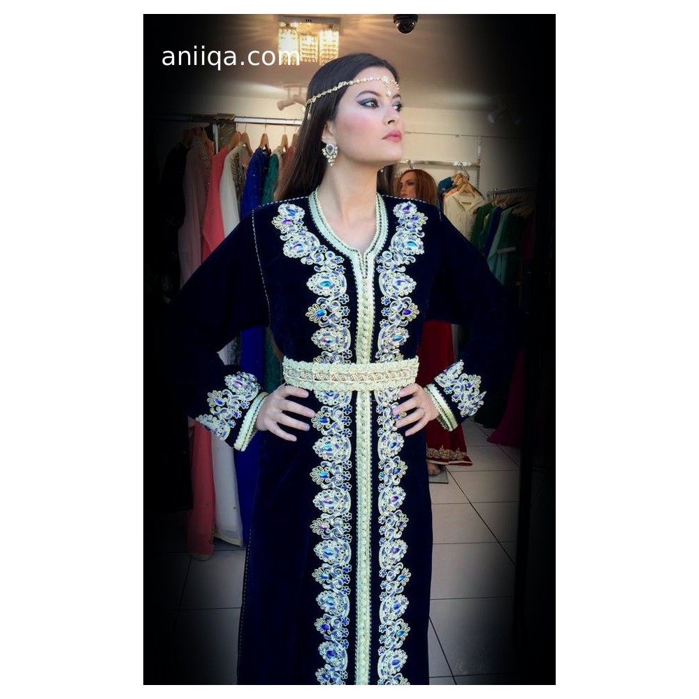 achat caftan velours bleu nuit pas cher