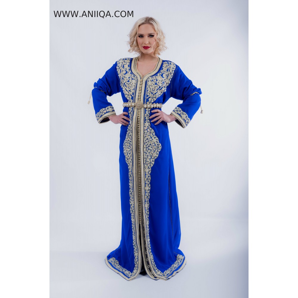 robe marocaine 2018/2019 moderne. caftan bleu roi a paris.caftan chic