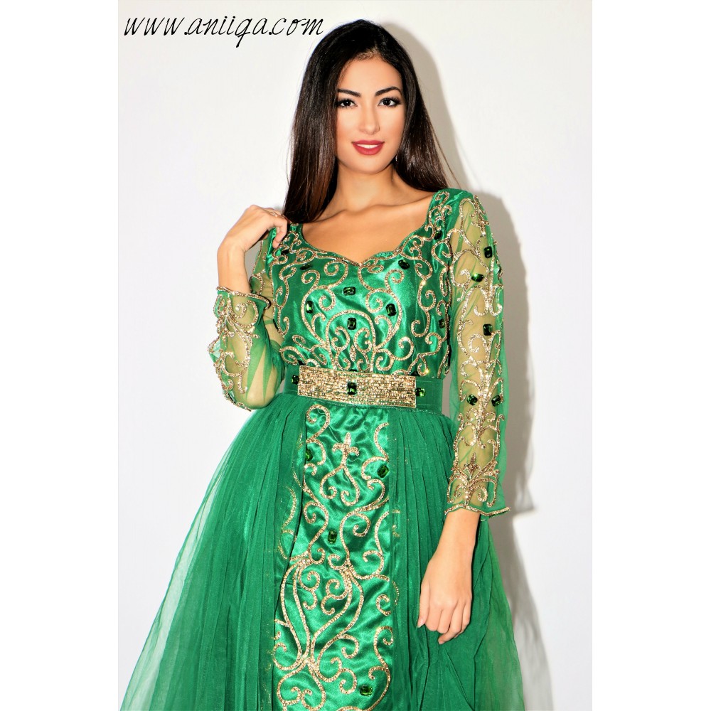caftan mariage 2019 vert, caftan cristal moderne, robe marocaine